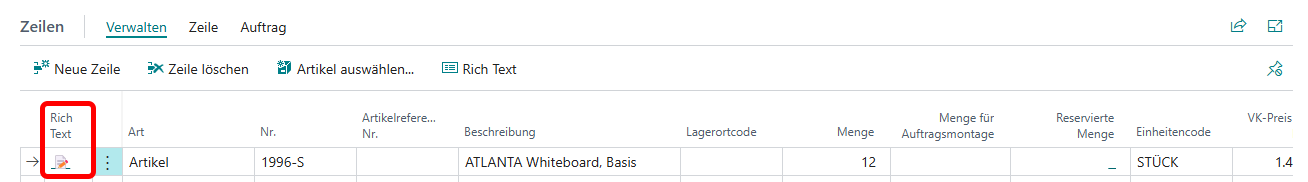 Rich Text zu Belegzeile hinzufügen | DOCS by BEYONDIT